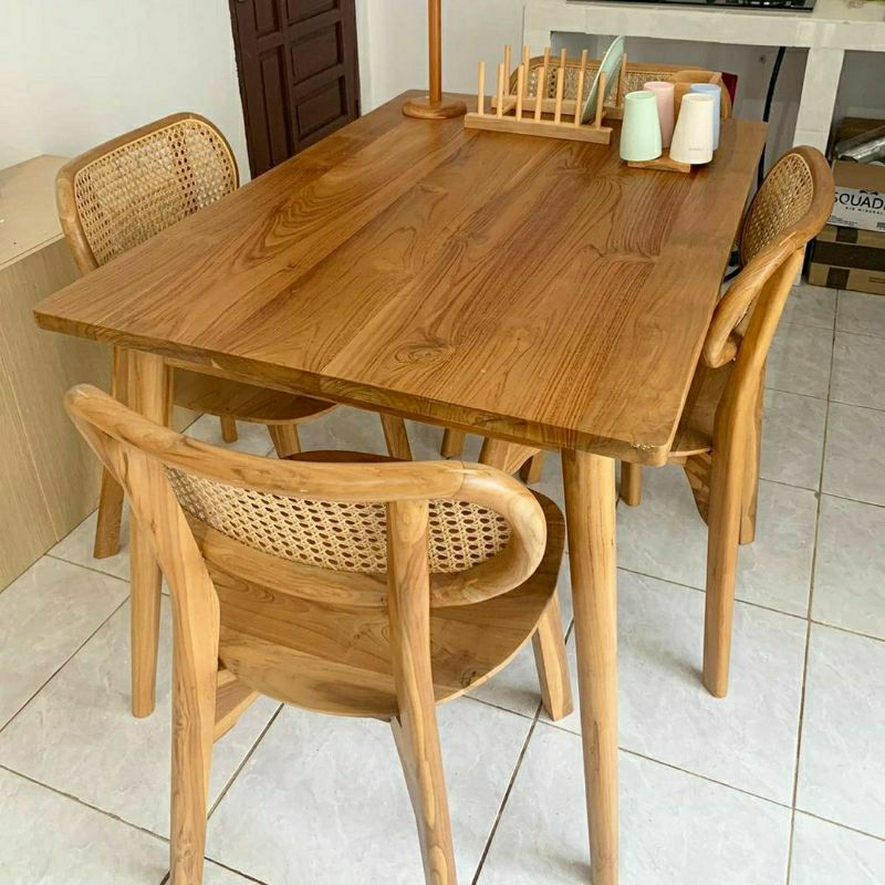 Jual Set meja makan kayu jati minimalis 4 kursi rotan rattan kekinian retro | Shopee Indonesia