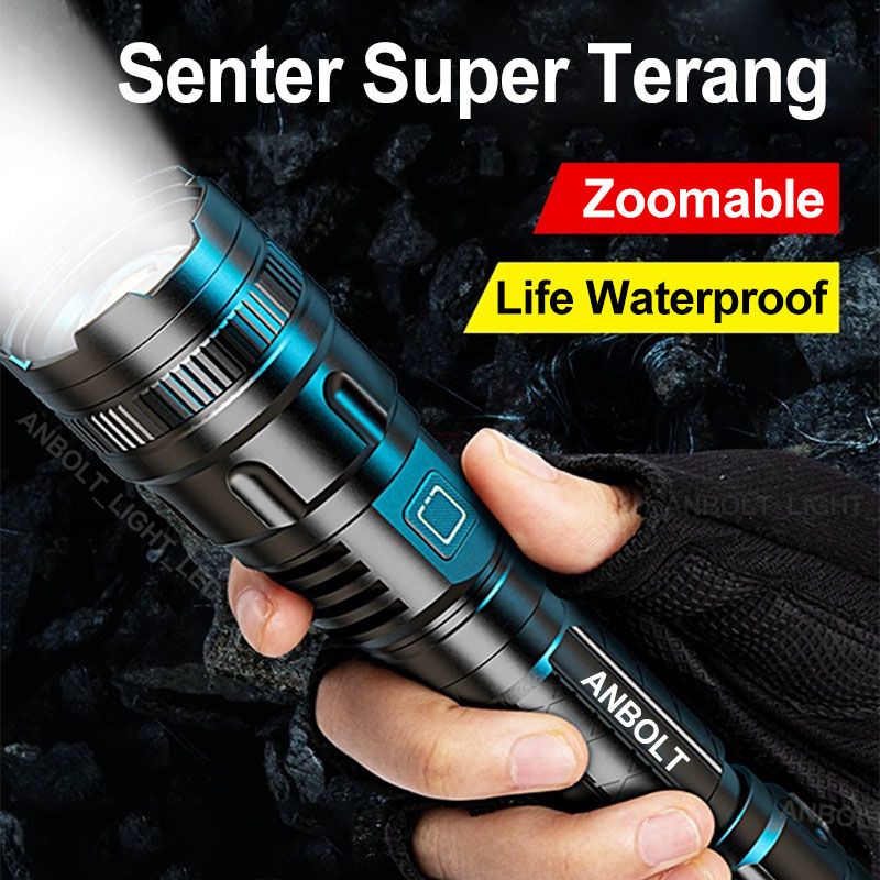Jual Anbolt Senter LED Super Terang Jarak Jauh Anti Air Senter Zoomable USB C Rechargeable 3 ...