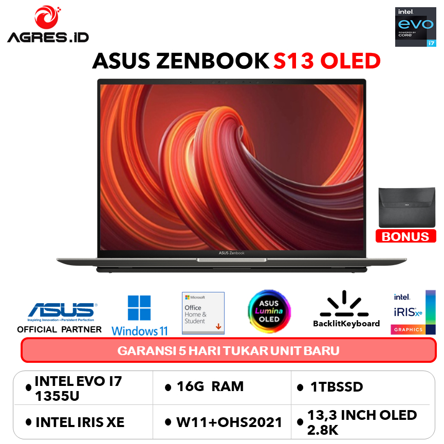 Jual ASUS ZENBOOK S13 OLED UX5304VA I7 1355 16GB 1TB W11+OHS 13.3 2.8K EVO GRY -OLEDS711 ...