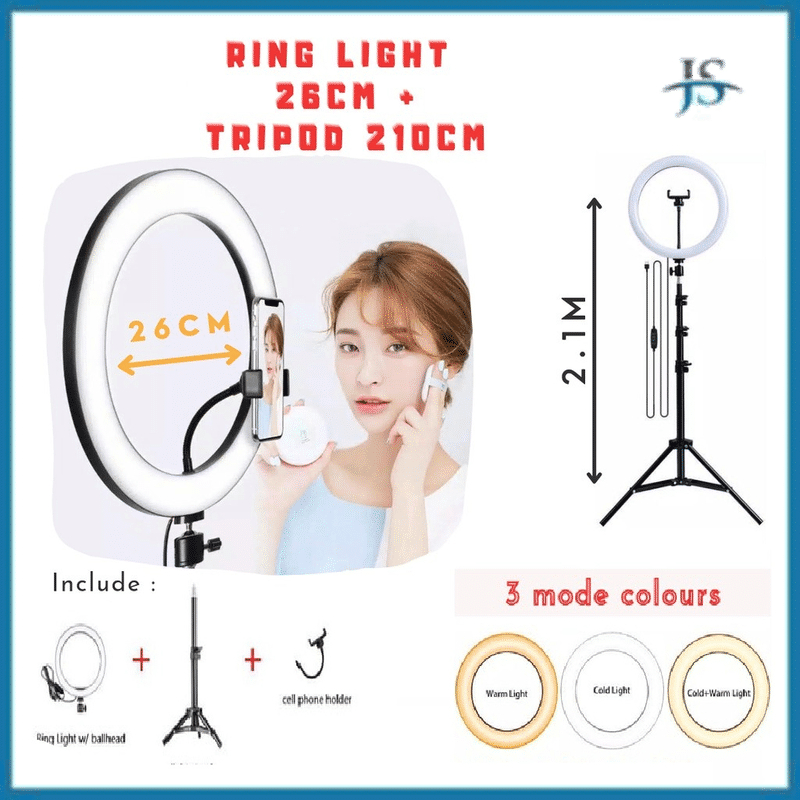 Jual JS PAKET KOMPLIT RINGLIGHT 26CM + TRIPOD 2,1M LAMPU MAKE UP VLOG ...