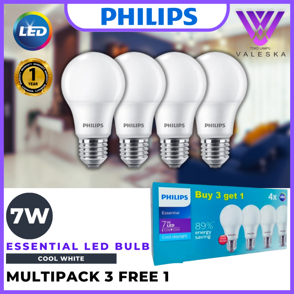 Jual Philips Lampu LED Paket 7 Watt Essential LedBulb 7W Essled Bulb 7Watt Multipack 3 Gratis 1 ...