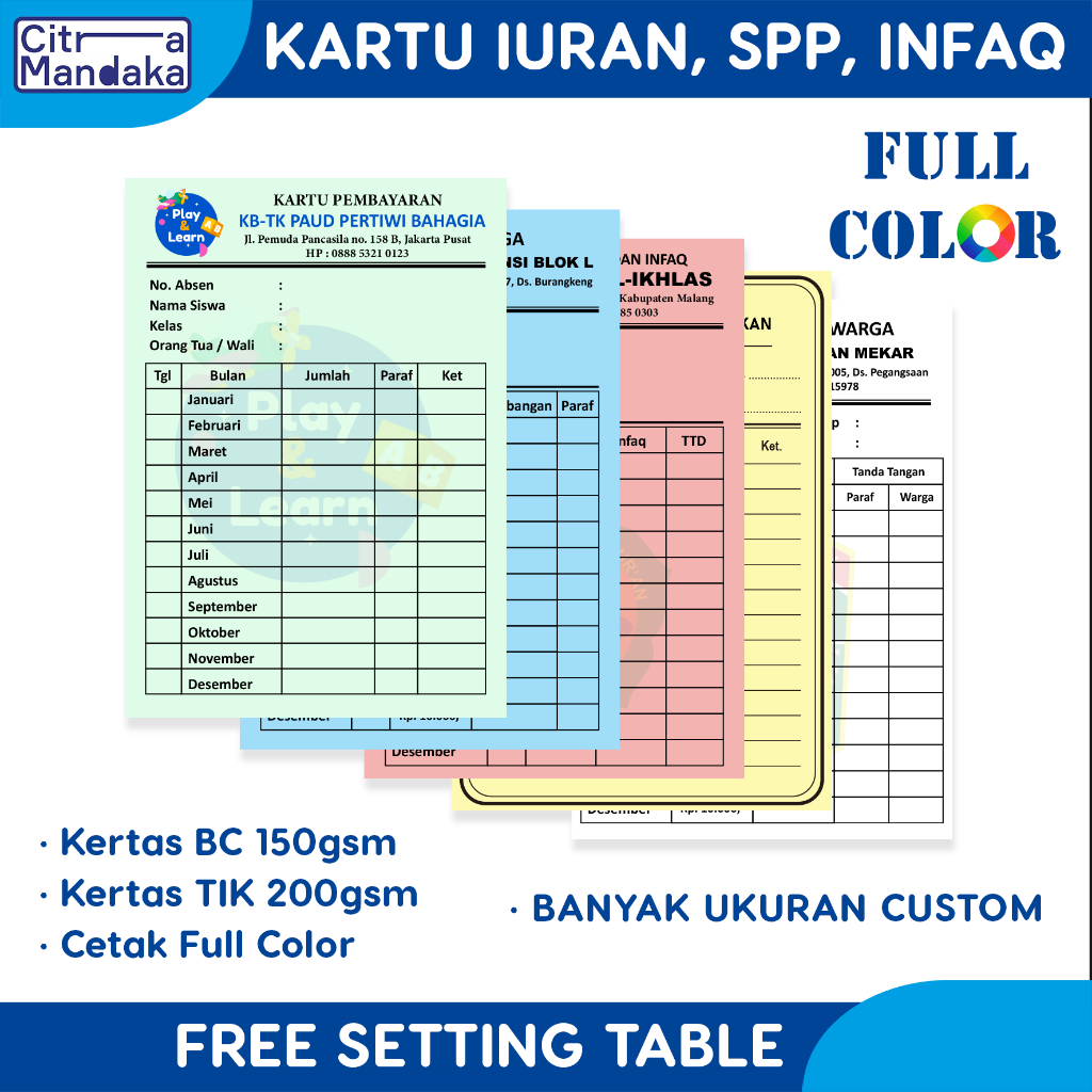 Jual Cetak Kartu Iuran Custom A3 | Infaq | Pembayaran Les | Kas | RT | Kartu Stock | Lembar ...