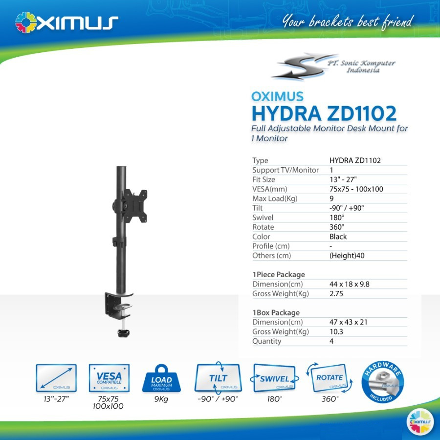 Jual Bracket Meja LCD LED TV 1 Monitor 13" - 27" OXIMUS HYDRA ZD1102 ...