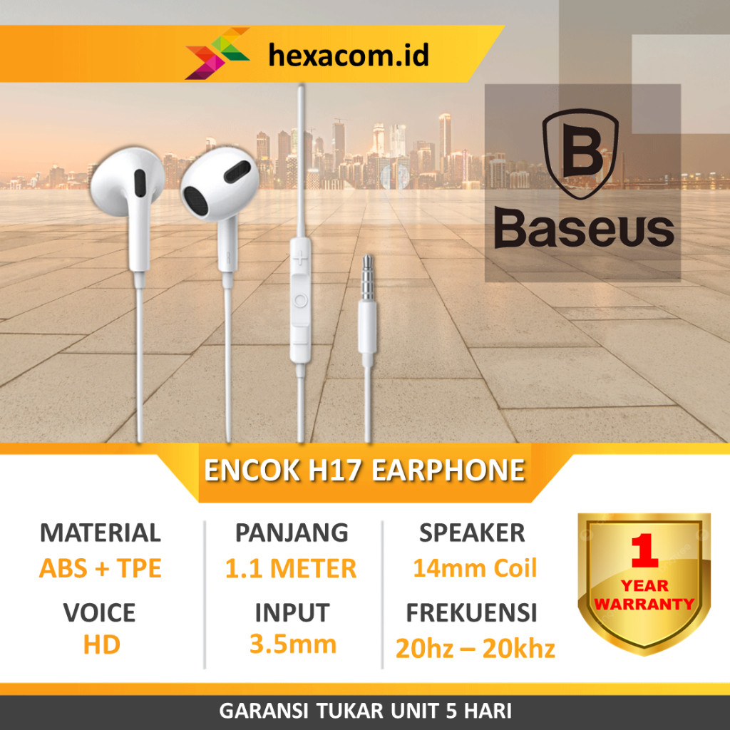 Jual BASEUS ENCOK 3.5MM LITERAL IN EAR WIRED EARPHONE H17 WHITE ...
