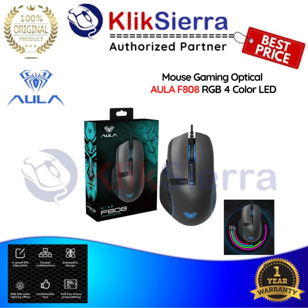 Jual Mouse Gaming Optical AULA F808 RGB 4 Color LED - Macro Software ...