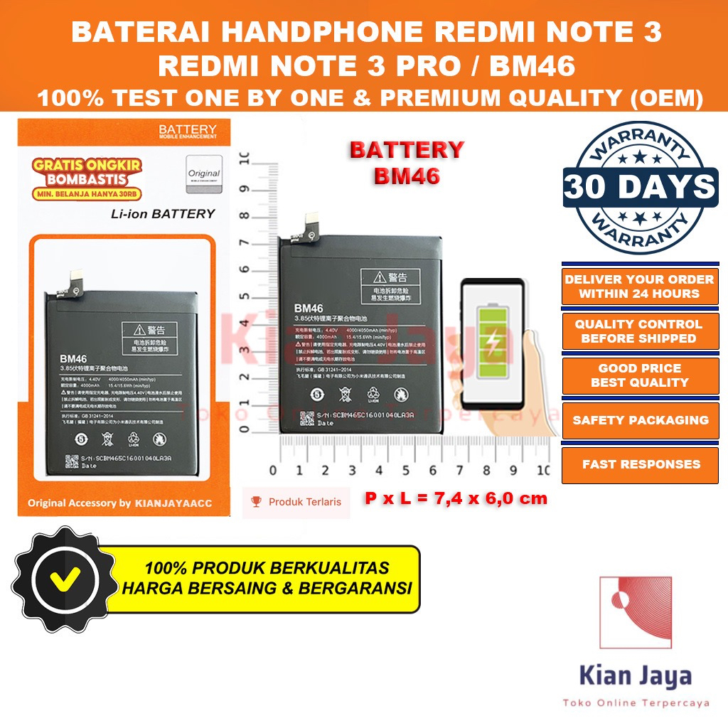 Jual Baterai Redmi Note 3 / Note 3 Pro BM46 Original OEM Battery Batrai ...
