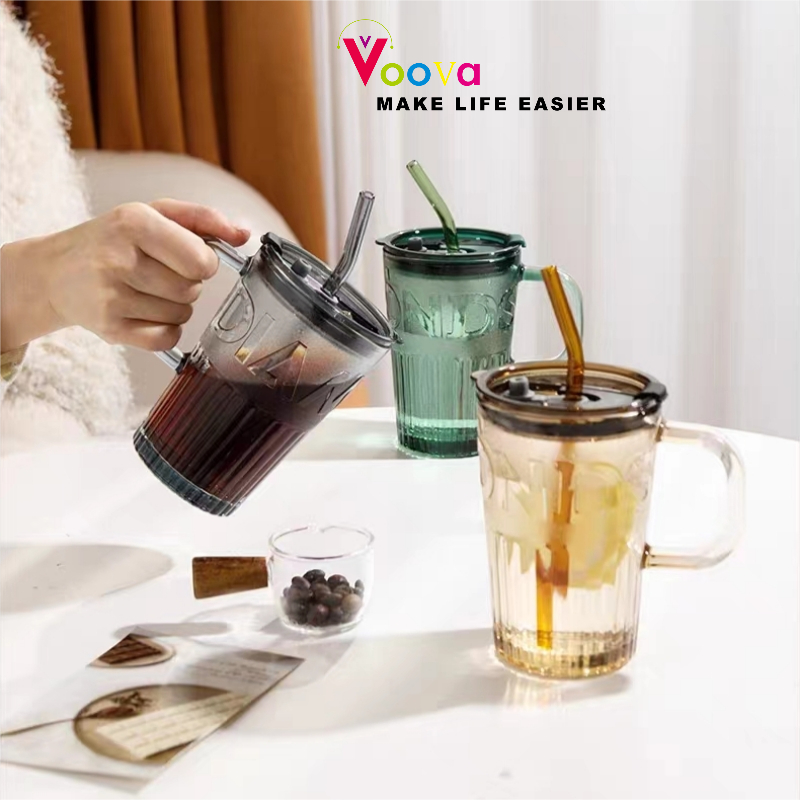 Jual VOOVA Gelas Kaca / Gelas Tumbler Dengan Sedotan / Gelas Mug Kaca ...