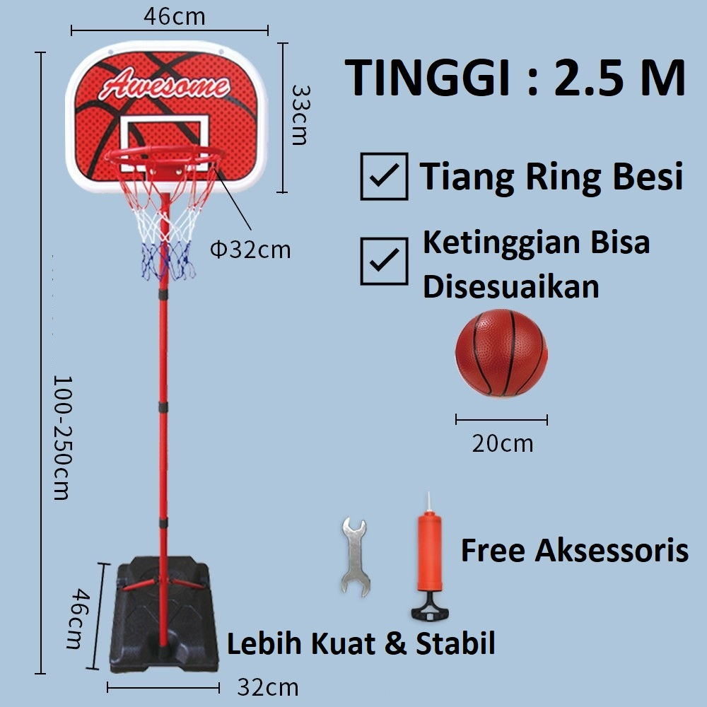 Jual 2.5 Meter Mainan Basket Bola Ring Basket Tinggi 2.5 M Tiang dan ...