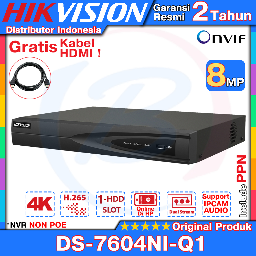 Jual NVR CCTV 4CH Hikvision DS-7604NI-Q1 8mp Support Onvif & 1 Slot HDD up to 8TB | Shopee Indonesia