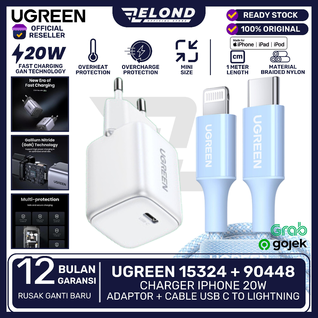 Jual UGREEN Charger iPhone 20W Adaptor + USB C to Lightning GaN PD Fast ...