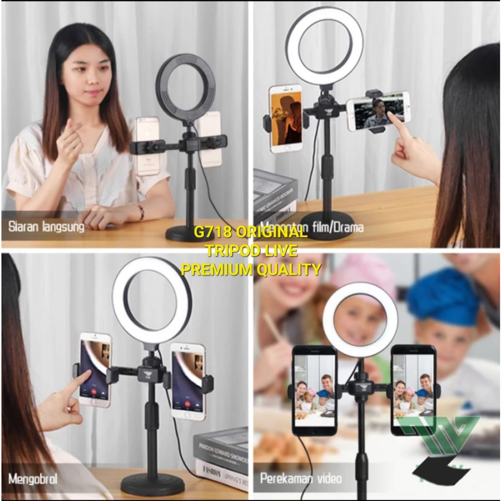Jual G718 ORIGINAL TRIPOD LIVE RING LAMPU LED 2 HP HOLDER CABANG ...