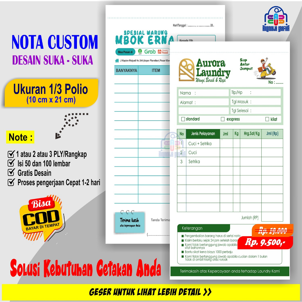 Jual cetak nota custom, cetak nota bon, cetak nota custom ukuran 1/3 1 ...