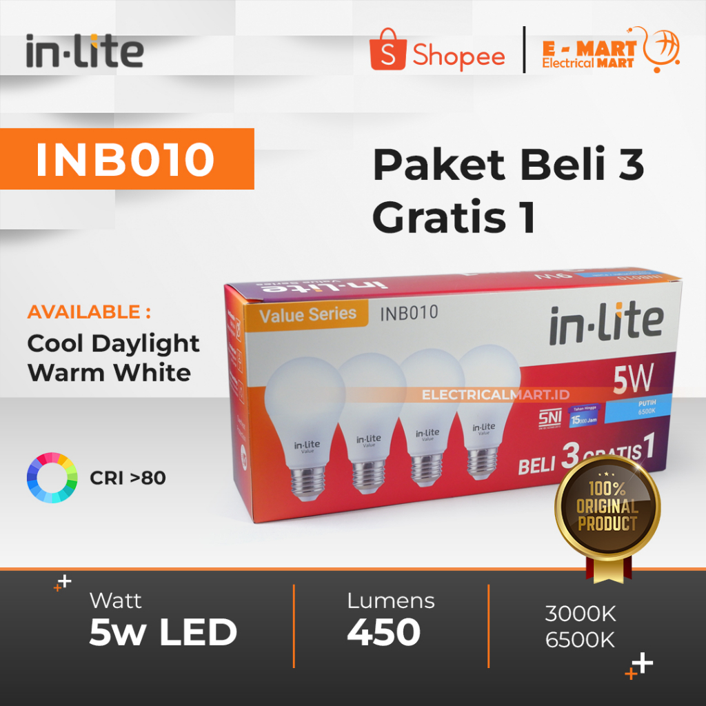 Jual In-Lite Paket Lampu LED 5 watt Beli 3 Gratis 1 Value INB010 Warna ...