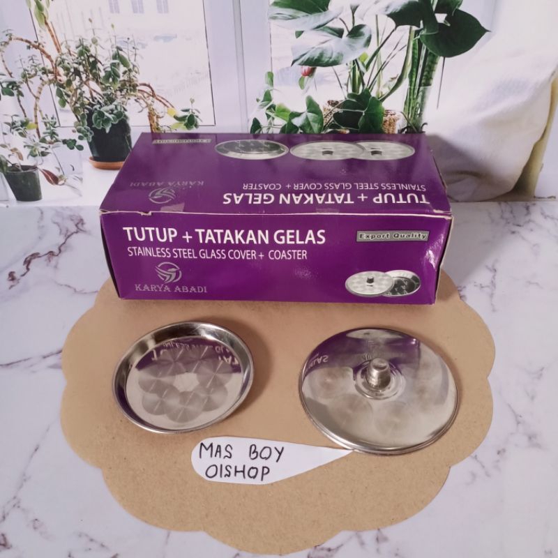 Jual 1 Set Tutup+Tatakan Gelas Stainless Gelass Cover+Coaster Diameter ...