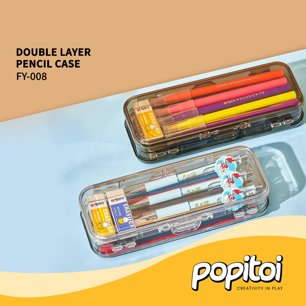Jual Transparent Pencil Case Box Stationery Double Layer Pen Kotak ...