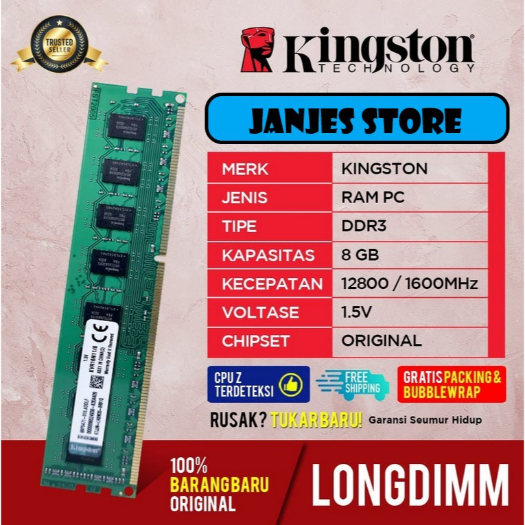 Jual MEMORI KINGSTON LONGDIMM DDR3 8GB PC 12800/1600 MHz - MEMORY PC DDR3 KINGSTON DDR3 4GB 2GB ...