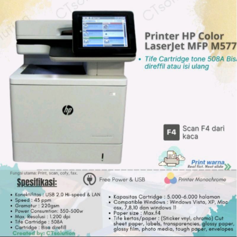 Jual HP Color Laser Jet Enterprise MFP M577 Copy/Print/Scan (F4 di Kaca ...