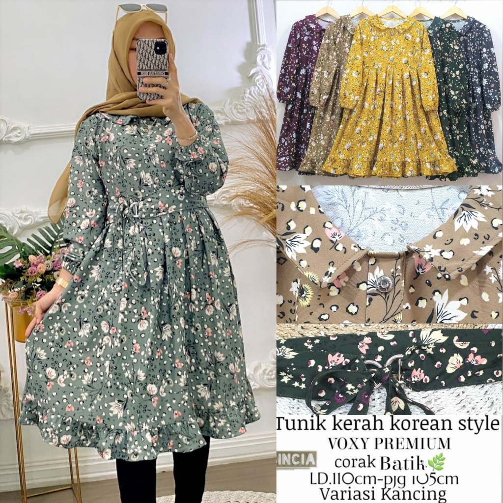 Jual Tunik rempel kerah korea model kancing motif bunga putih tali ...
