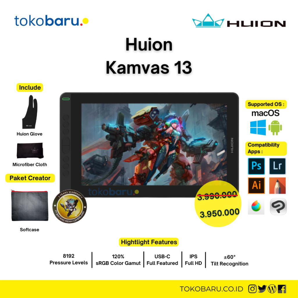 Jual Huion Kanvas 13 Pen Tablet display Bonus ProGlove dan Softcase ...