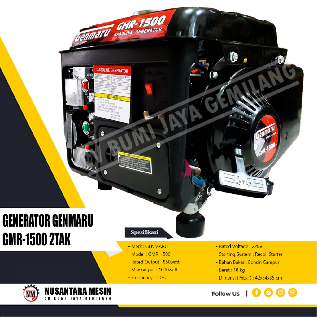 Jual MESIN GENSET / GENERATOR LISTRIK GENMARU GMR 1500 2 TAK | Shopee ...