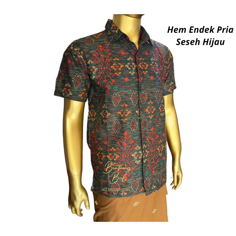 Jual Kemeja Endek Pria Bali Katun Seseh Hijau Lengan Pendek motif ...