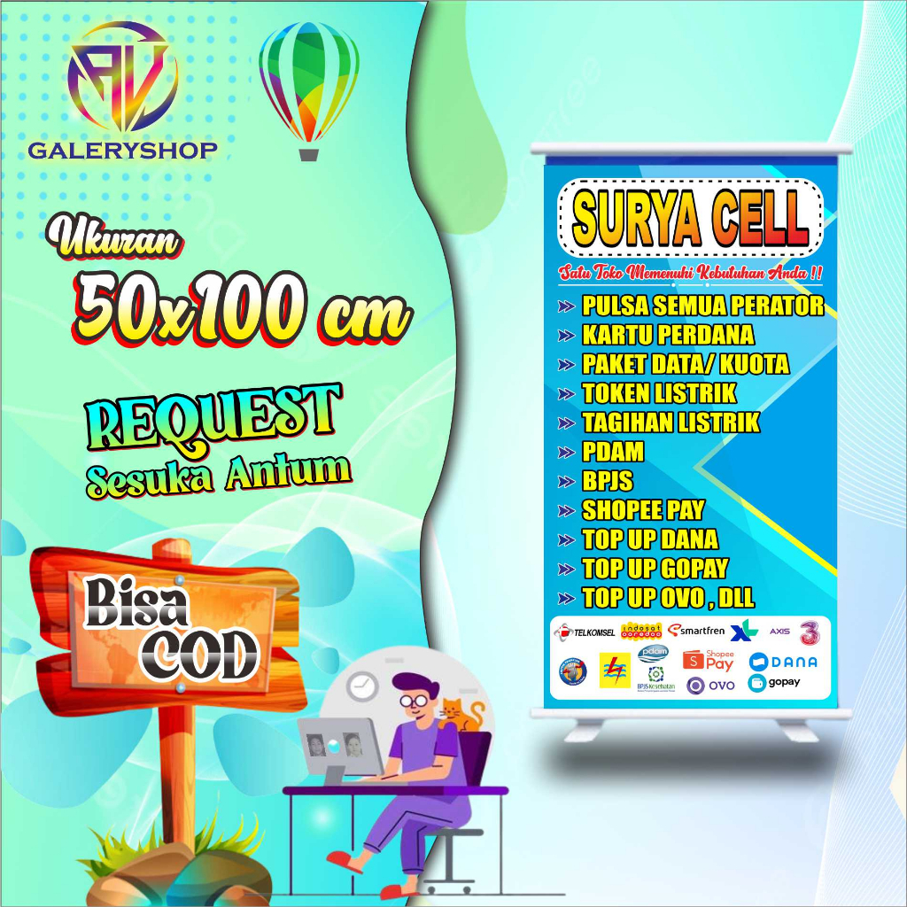 Jual cetak spanduk banner surya cell , konter , jualan pulsa , dll 50x100 cm | Shopee Indonesia