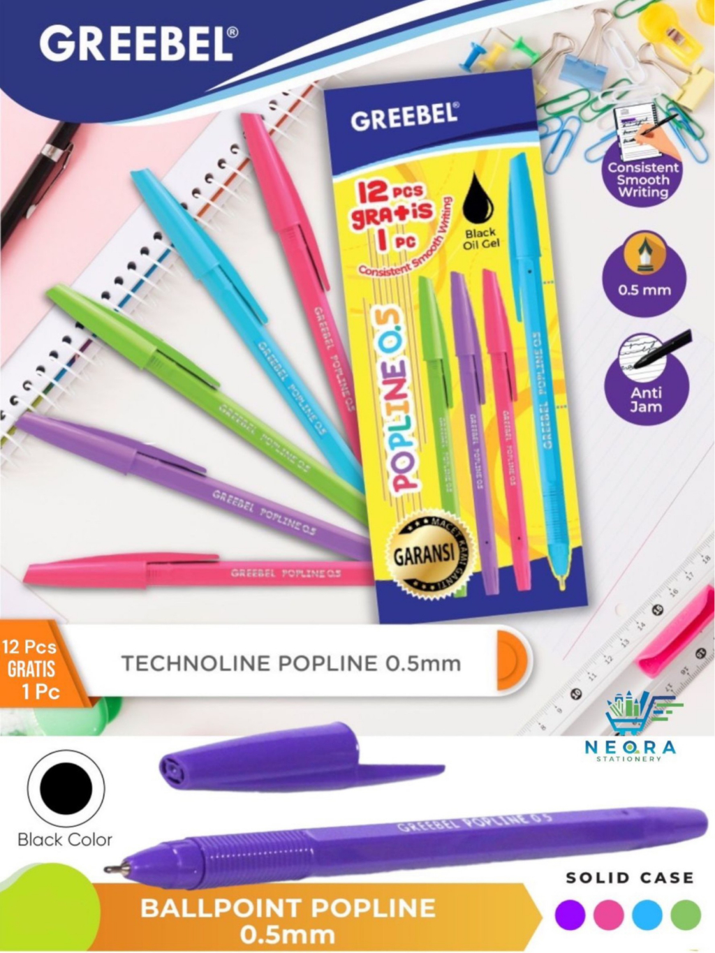 Jual Greebel Pulpen Popline 0.5mm HItam | @12Free1 | Shopee Indonesia