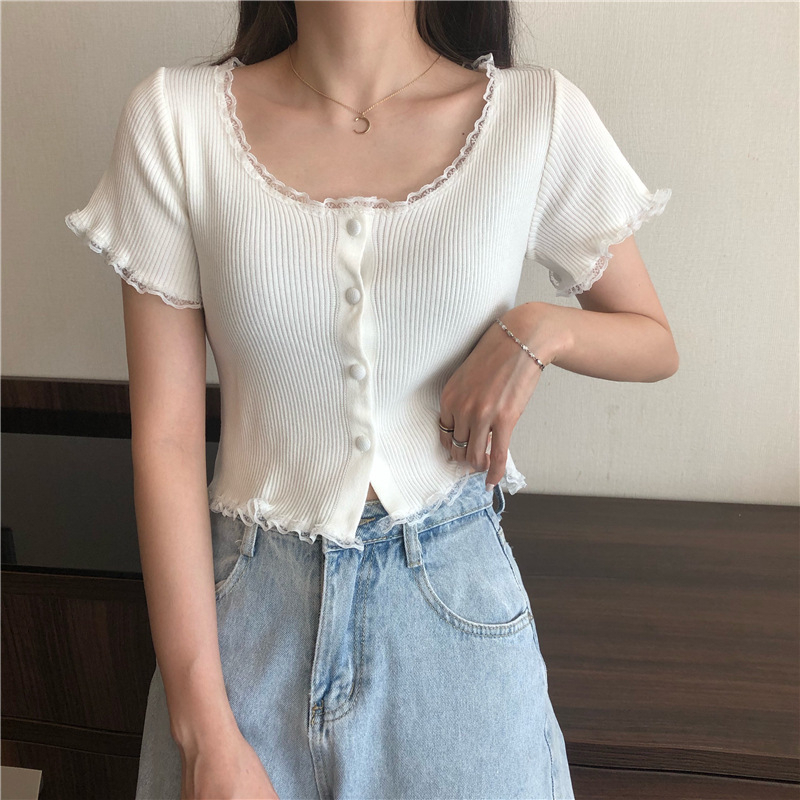 Jual crop top rajutan renda lengan pendek musim panas Rewy Top | Shopee ...