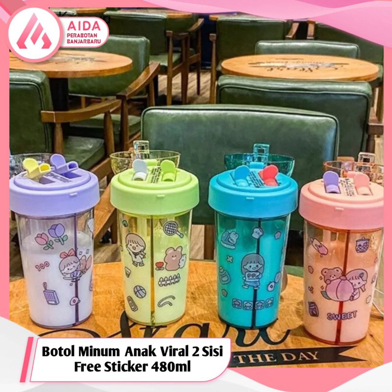 Jual Botol Minum 2 Sisi Botol Minum 2 Sekat Lucu Transparan Bottle Couple Anak Botol Viral Free ...