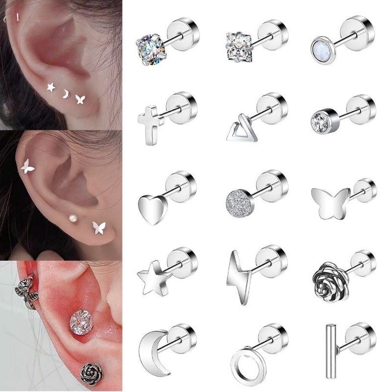Jual 1PCS Anting Screw Flat Flower Star Moon Earring EarLobe Stud ...