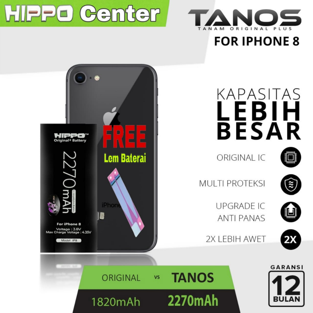 Jual Hippo Baterai iPhone 8 Battery Hippo Tanos iPhone 8 Double Power Baterai | Shopee Indonesia