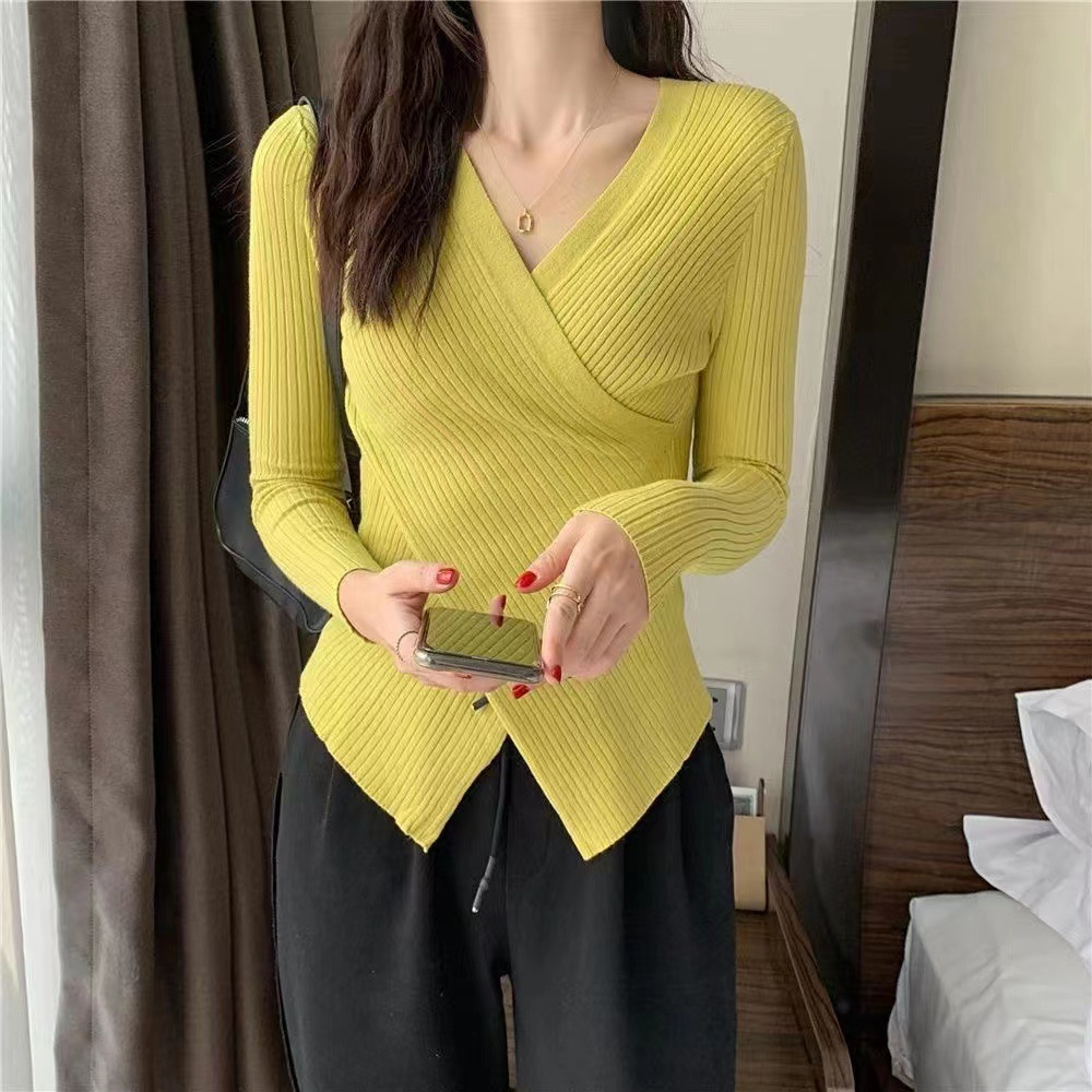 Jual Baju Sweater Wanita V-neck Gaya Korea Knit Wrap Top Polos Lengan Panjang Wanita Rajut Korea ...