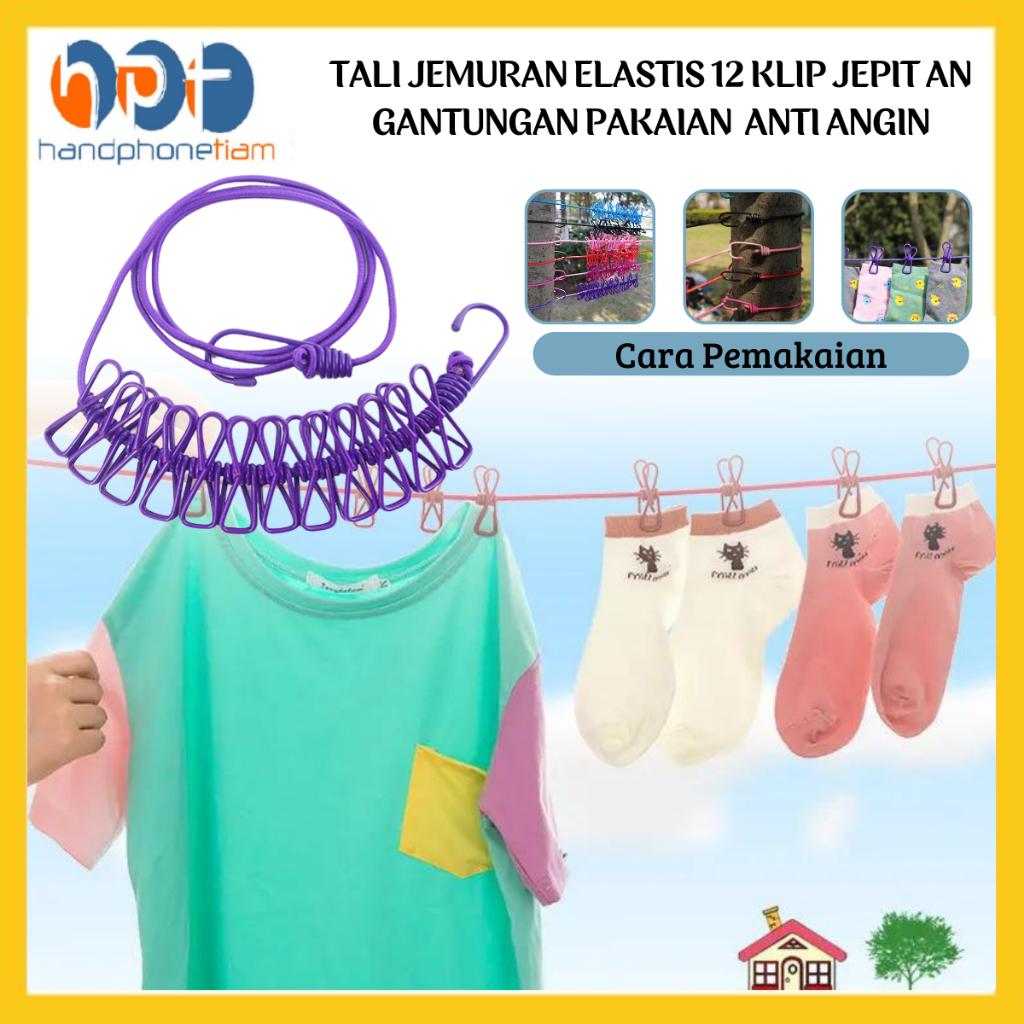 Jual Tali Jemuran Karet Elastis 12 Klip Jepitan Dengan Pengait Hook ...