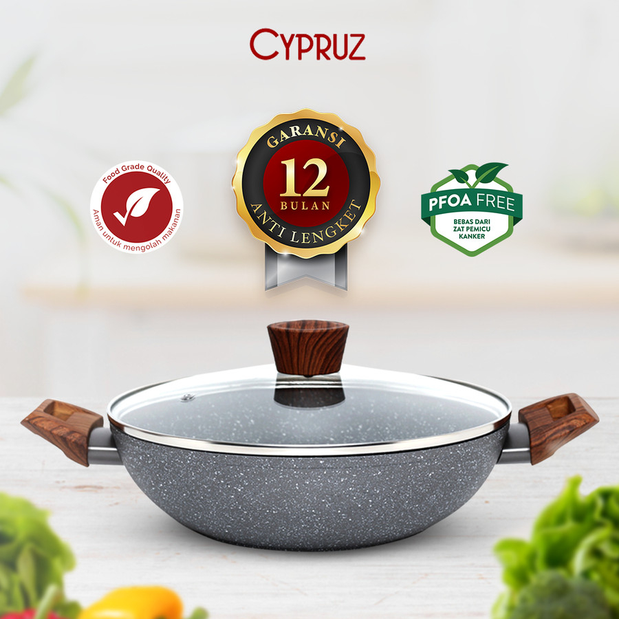 Jual Cypruz Grey Marble Wok Pan / Kuali Anti Lengket + Tutup - 30 cm | Shopee Indonesia