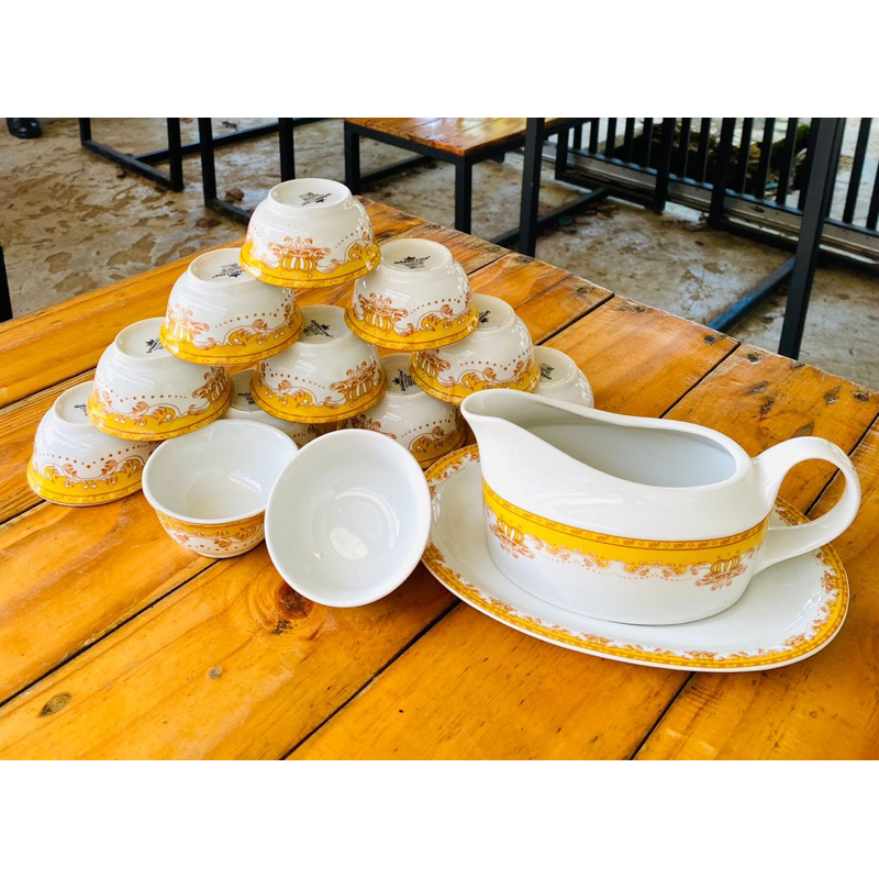 Jual mangkuk saus cuka dengan teko saus cuka dan tatakan motif mahkota ...