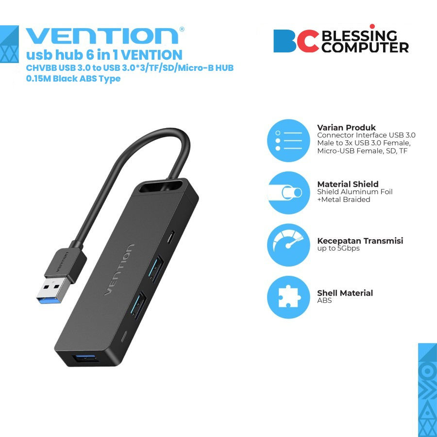 Jual usb hub 6 in 1 VENTION CHVBB USB 3.0 to USB 3.0*3/TF/SD/Micro-B ...