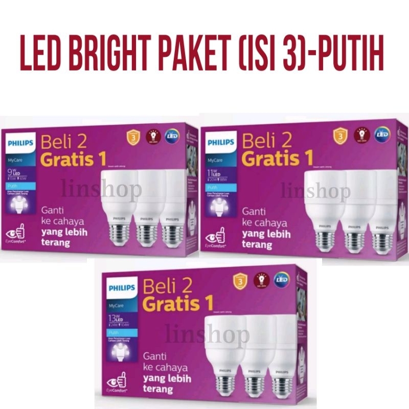 Jual PHILIPS LED PAKET (ISI 3) LED PAKET BRIGHT 9W 11W 13W 9 WATT 11 ...
