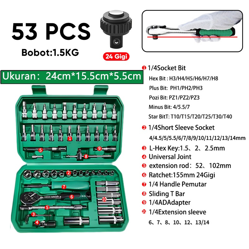 Jual ISKU Kunci Shock Set Kunci Mata Sok 53 PCS Set Socket (1/4 ") Full ...