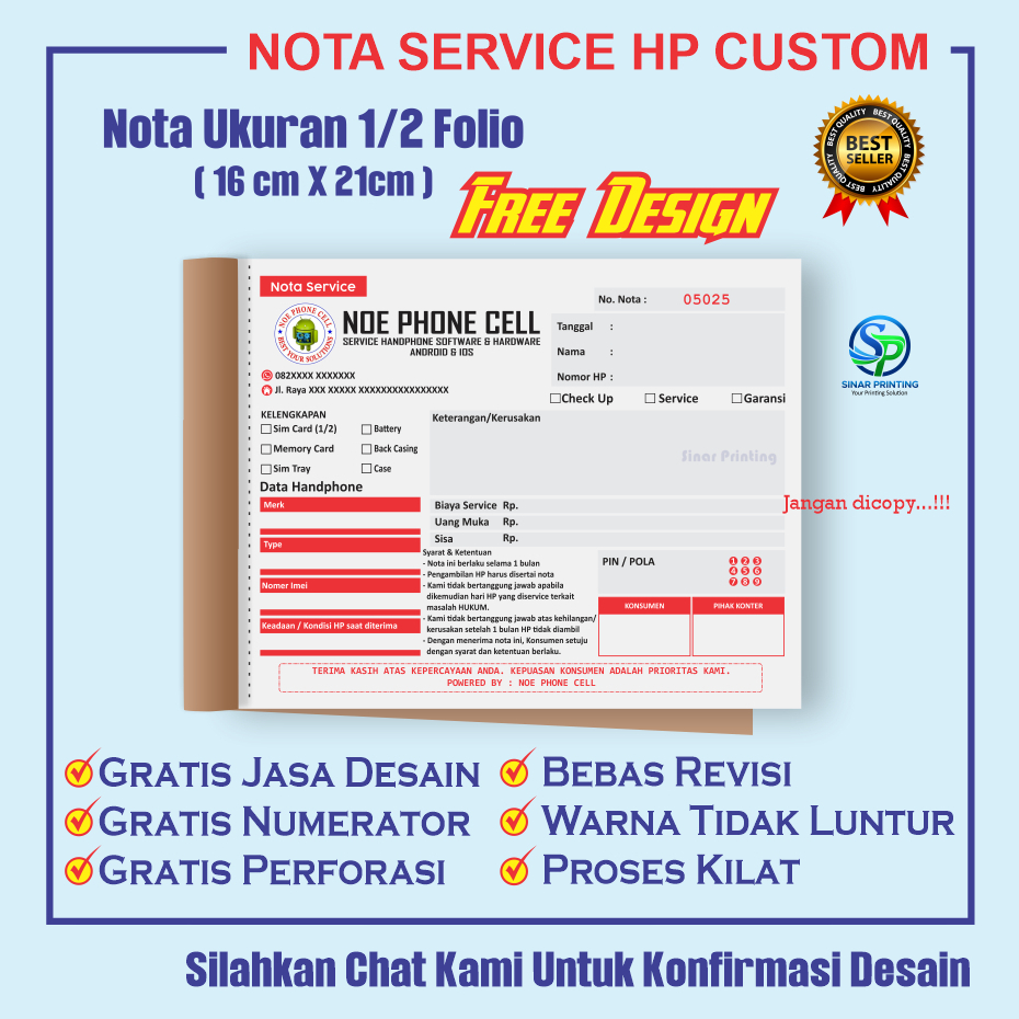 Jual Nota Servis HP Custom 1/2 Folio - 1 Rangkap 2 Rangkap - Nota ...