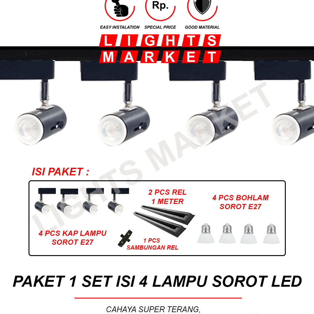 Jual Paket Lampu Sorot Rel isi 4 Spotlight LED Track Light Rell 2 Meter 2M | Shopee Indonesia