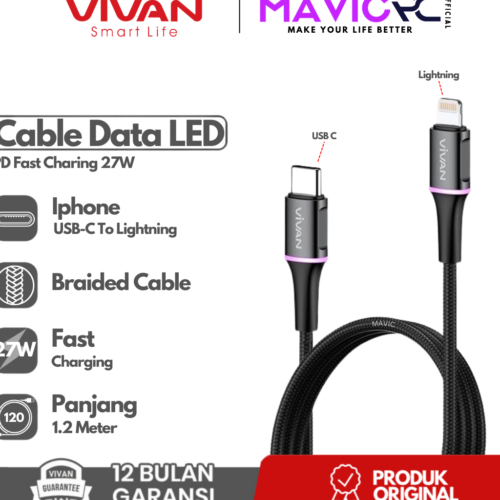 Jual VIVAN VDCL120 Cable Kabel Data Type C to Lightning Iphone 14 13 ...