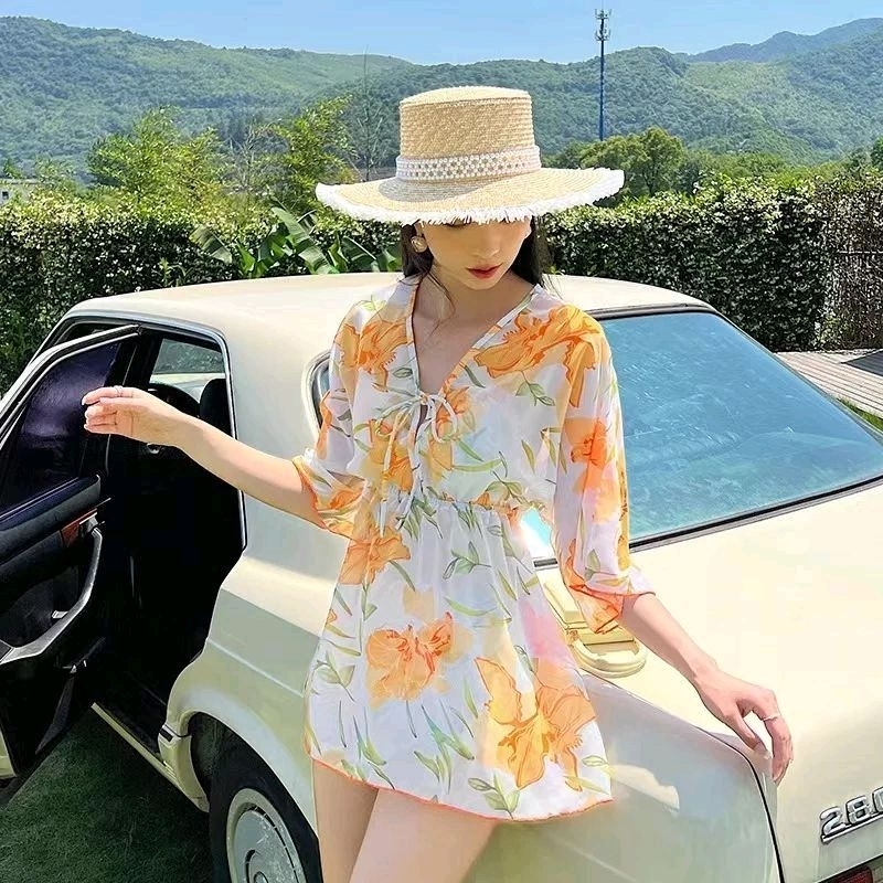Jual 3pcs white orange flower brakini hw pants with cover up dress ...