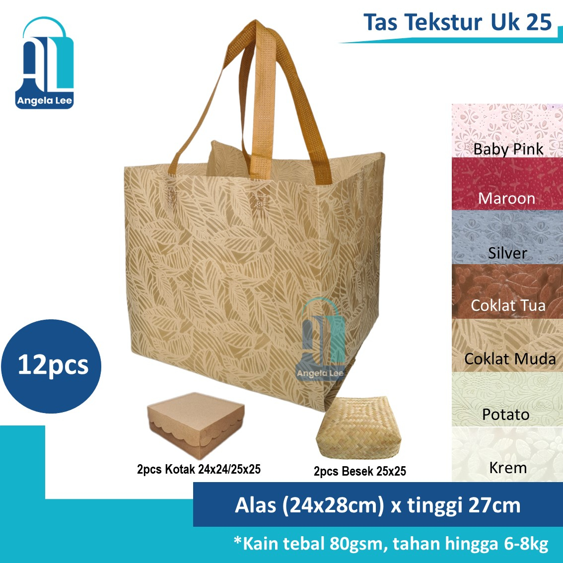 Jual 12pcs Tas Kain Spunbond Motif Tekstur Timbul Mewah muat 2box 25x25 ...
