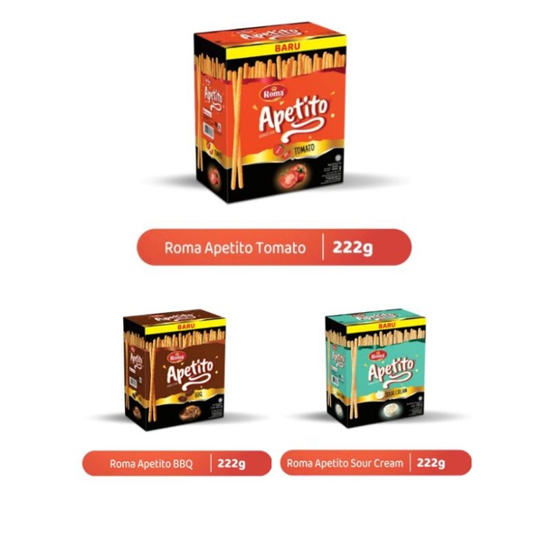 Jual Roma Apetito Stik Biskuit Tomato BBQ Sour Cream 222G 1 pak Isi 10 ...