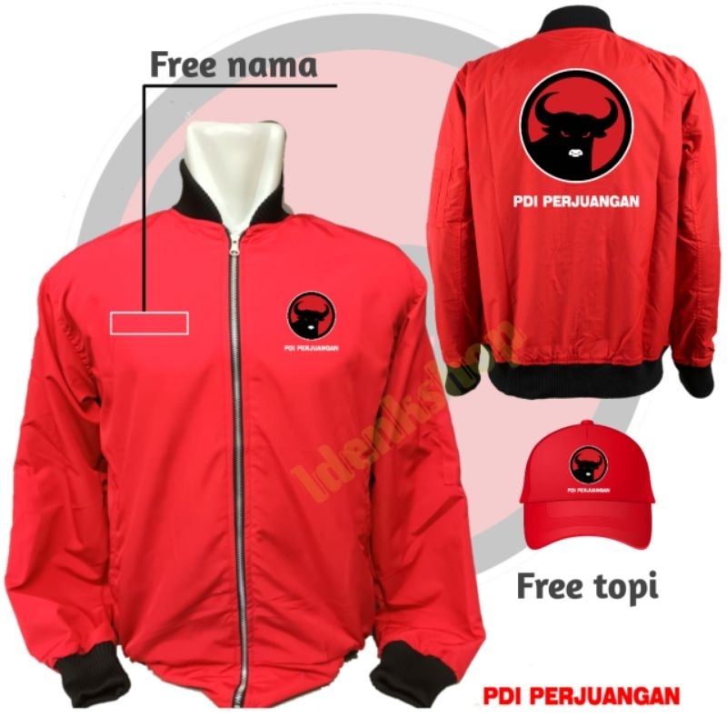 Jual jaket bomber merah partai PDI perjuangan sablon / bordir free nama ...