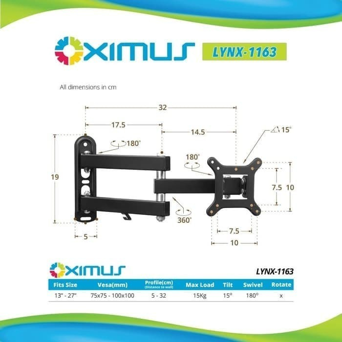 Jual OXIMUS LYNX 1163 BRACKET TV LED MONITOR 13"-27" WALL TILT SWIVEL ...