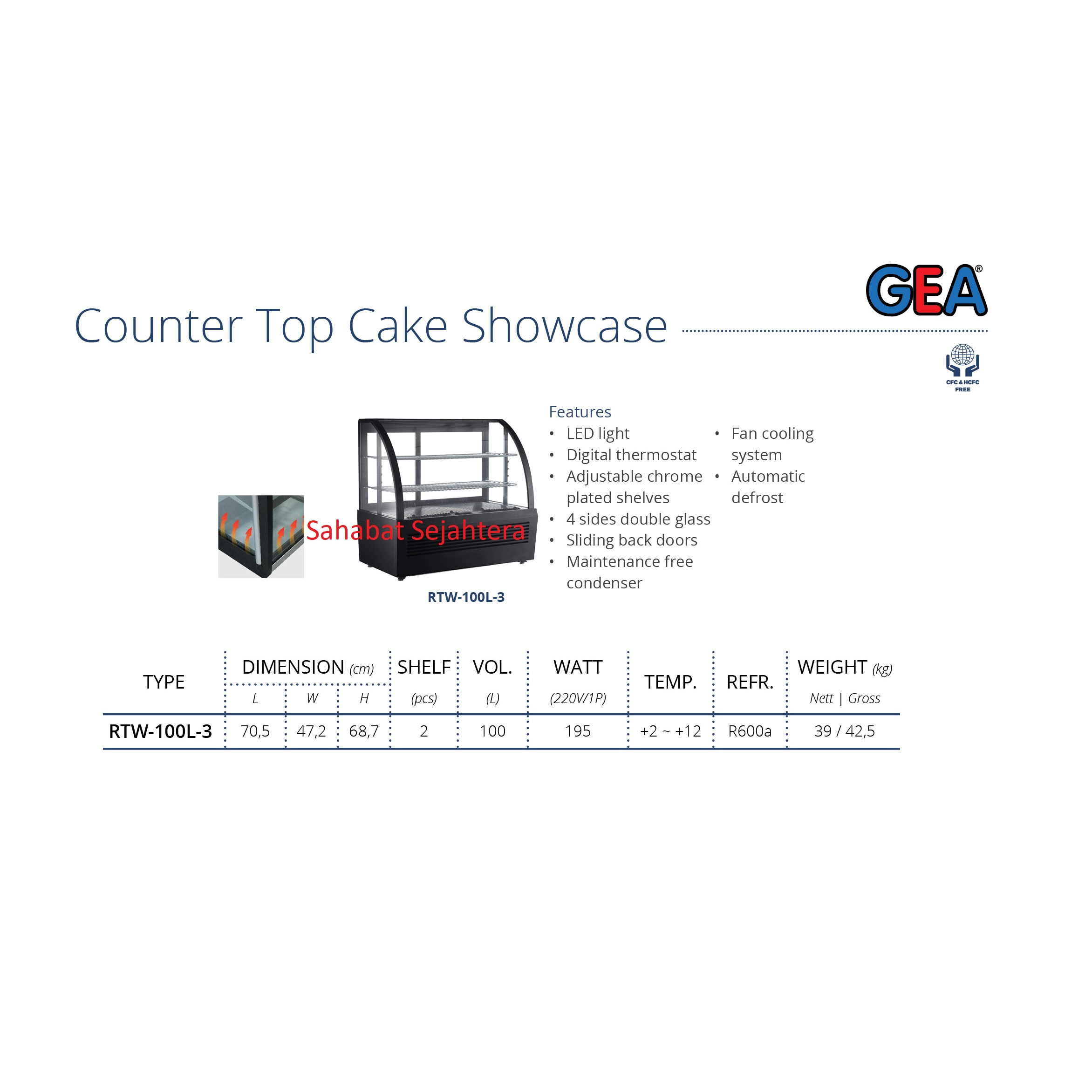 Jual GEA Counter Top Cake Showcase RTW-100L-3 Kabinet Display Pemajang ...