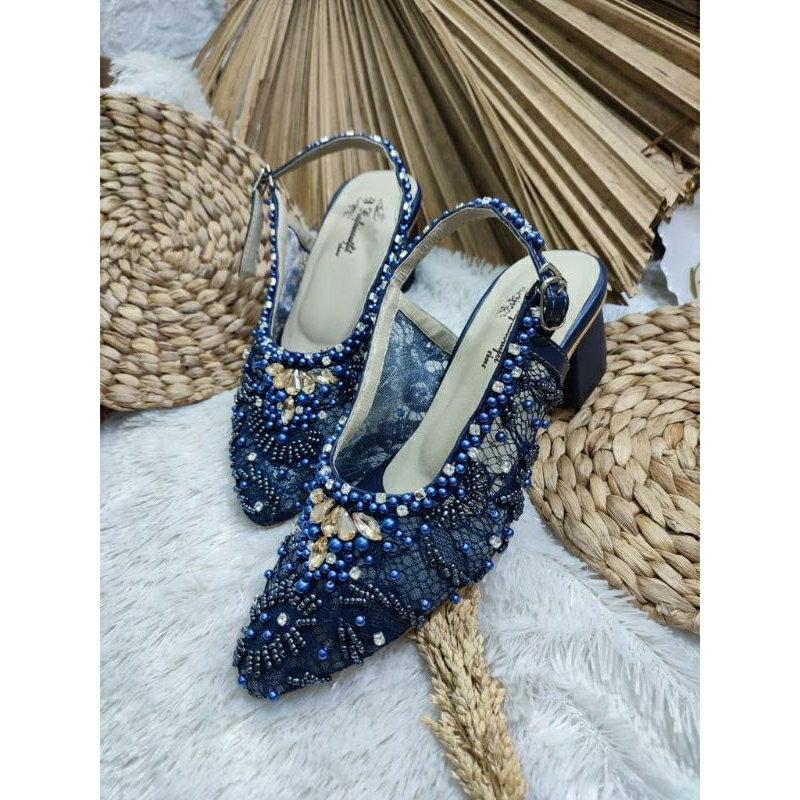 Jual Sepatu wedding Cantik mewah Novaria Navy 5cm tahu | Shopee Indonesia