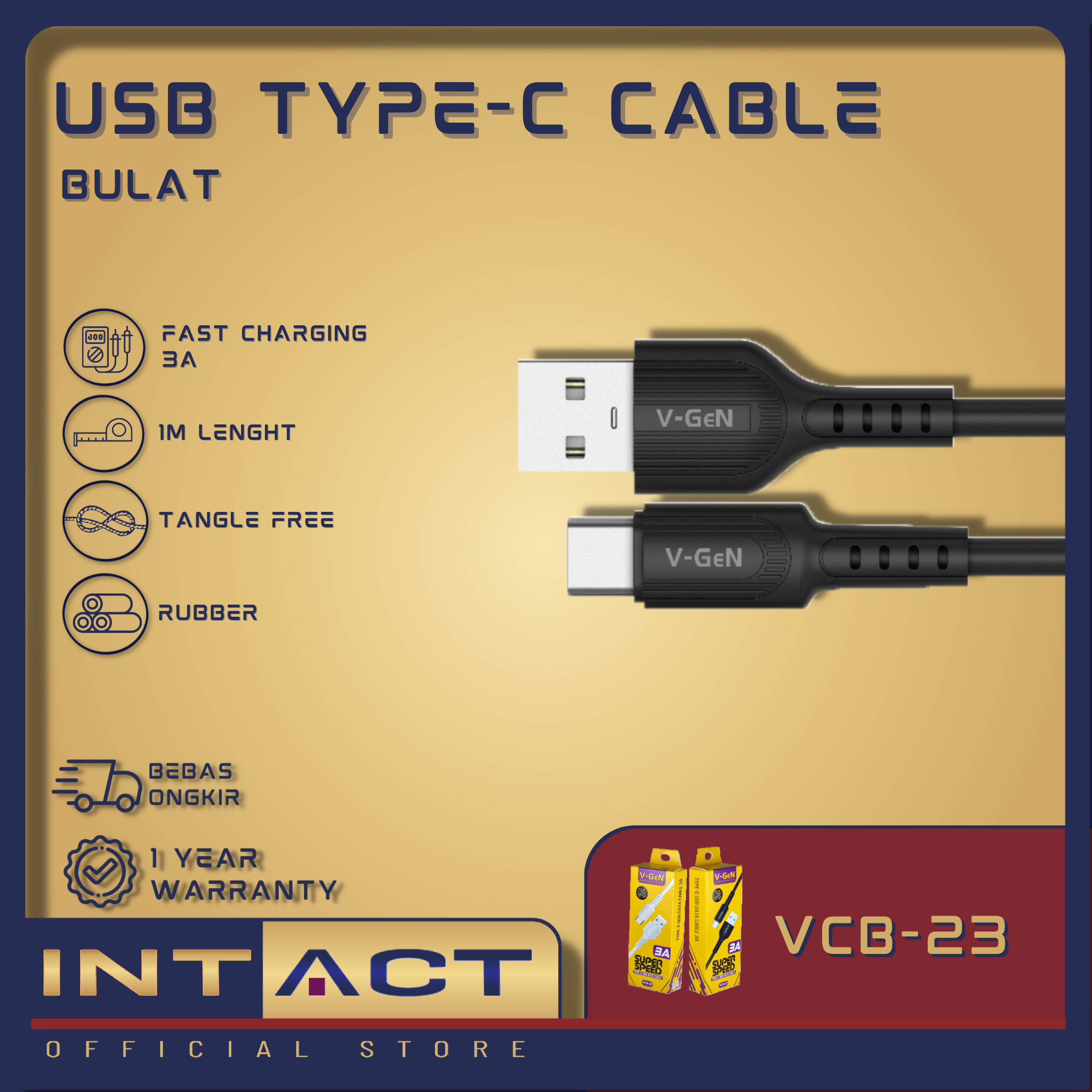 Jual Kabel Data USB Type C V-GeN VCB-23 Fast Charging 3A Kabel Bulat 1 ...