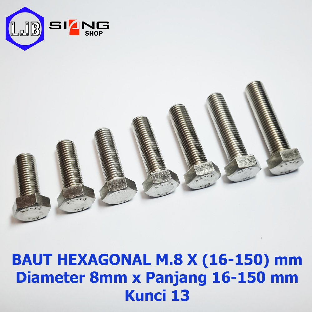 Jual Baut Hex M8 Stainless 304 THE A2-70 Panjang 16 sd 150mm | Shopee Indonesia
